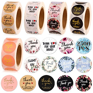 Thank You Stickers Rolls, 2500Pcs 1 Inch Thank You for Supporting My Small Business Envelope Seals, 5 Rolls 12 Patterns Small Thank You Stickers for Wedding, Birthday, Party Gift Wrap Bag