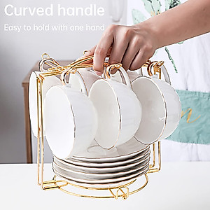 oAutoSjy Coffee Cup Holder Coffee Cup Rack Stand with 6 Hooks, Detachable Coffee Mug Holder Stand, Cup and Saucer Countertop Storage Organizer Wrought Iron Mug Drainer Drying Rack Gold Mug Hanger Rack