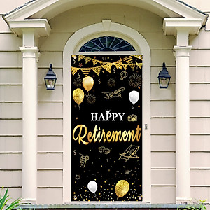 Happy Retirement Party Door Banner Decorations, Gold Black Retired Door Cover Party Supplies for Women Men, Retirement Photos Booth Backdrops Party Door Decor Sign