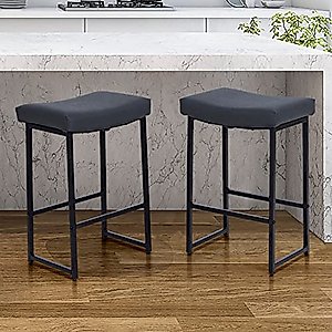 HERA'S PALACE Black 24" Square Saddle Barstools Set of 2, Metal Bar Stools Counter Height, Modern Backless Faux Leather Counter Stool for Kitchen Island Counter, Dining Pub, etc