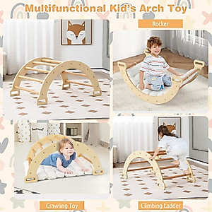 HONEY JOY Wooden Ladder Arch for Climbing, 3-in-1 Kids Climber Ladder & Rocker Board w/Cushion Pad, Triangle Climber for Playground, Gym & Daycare, Climbing Toy for Toddlers Boys Girls (Natural)