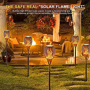 Fuurin LED Solar Torch Lights, 4Pack 96LED Solar Tiki Torches Landscape Decoration, Solar Pathway Lights for Garden Patio Driveway (96LED 4Pack, Warm White)