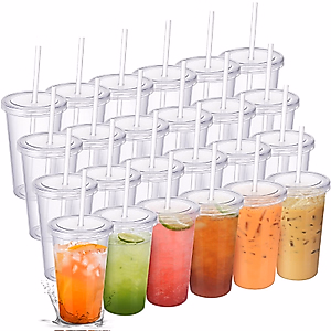 Zubebe 24 Pcs Clear Classic Tumblers with Lid and Straw Reusable Plastic Cups with Lids Smoothie Cups for Party Birthday Cold Drinks Juice(16 oz, 24 Pcs)