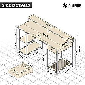 OUTFINE Desk Computer Desk Office Desk with Drawer, Monitor Stand and Storage Shelves