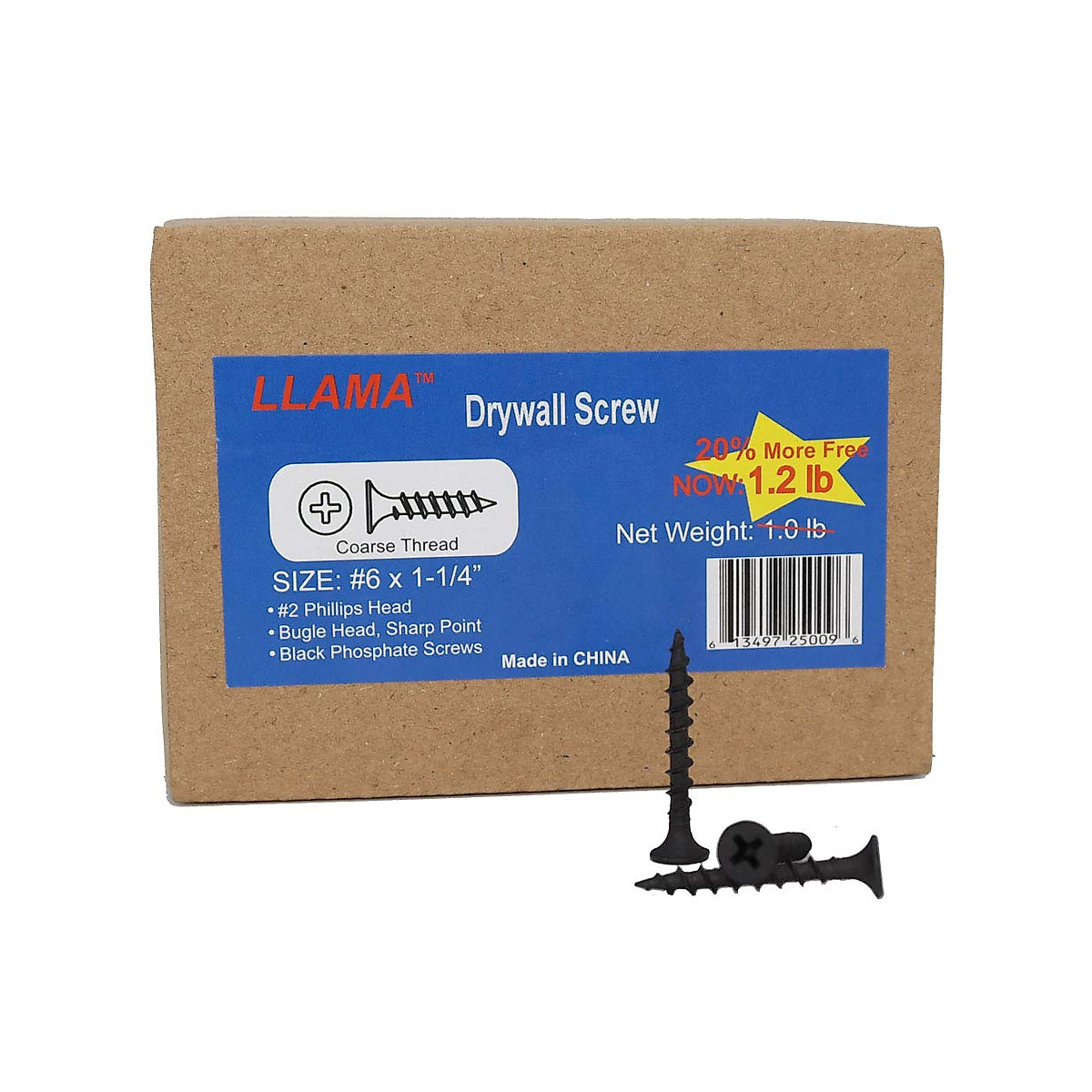 LLAMA Fastener Drywall Screws #6x1-1/4” - Coarse Threaded Black Phosphate Screws, Pay 1.0LB Now GET 1.2LB