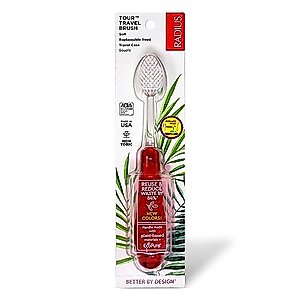 RADIUS Tour Travel Brush & Case With Replaceable Brush Head ADA Accepted Toothbrush Improve Gum Health - Red - Pack of 1