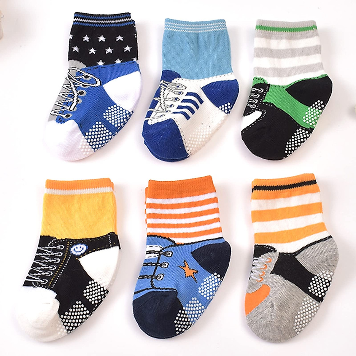 Fly love 6 Pairs Baby Socks Non-Slip Anti Slip Toddler Socks Grips for Baby Boys Girls Ankle Crew Cotton Socks With Gift Box (Style A)