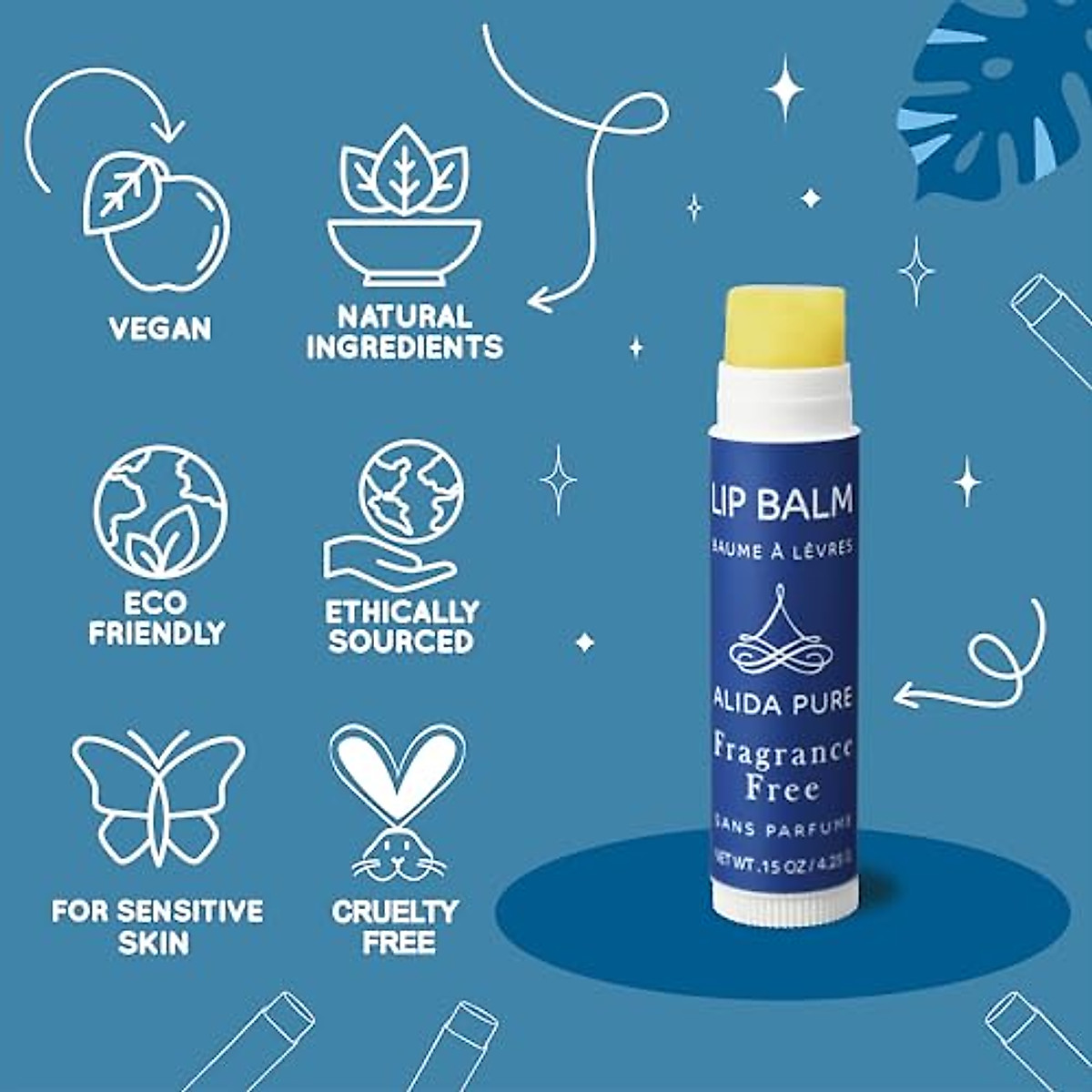 ALIDA PURE Fragrance Free Lip Balm, Vegan Lip Balm Set, Unscented, No Flavor, Beeswax Free, Organic Jojoba Oil, Avocado Oil, Vitamin E, Natural Moisturizer for Dry, Chapped, or Cracked Lips 5 Tube Set