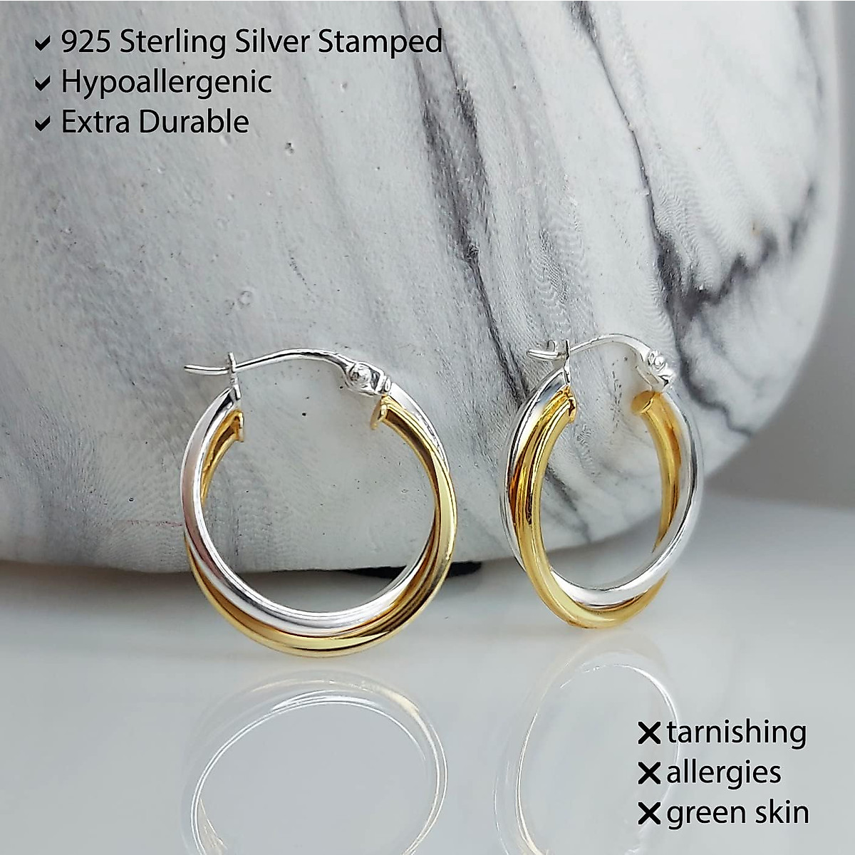 Hoops & Loops Yellow Gold Flash Sterling Silver Two-Tone Intertwining Square-Tube Polished Hoop Earrings, 20mm