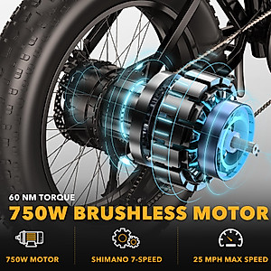 CYCROWN Cycknight Electric Bike for Adults Foldable 750W Ebike with 48V 12.5AH Removable Battery, 25 MPH 60 Miles Folding Ebikes for Adult 20" x 4.0" Fat Tire Electric Bike with Dual Shock Absorber