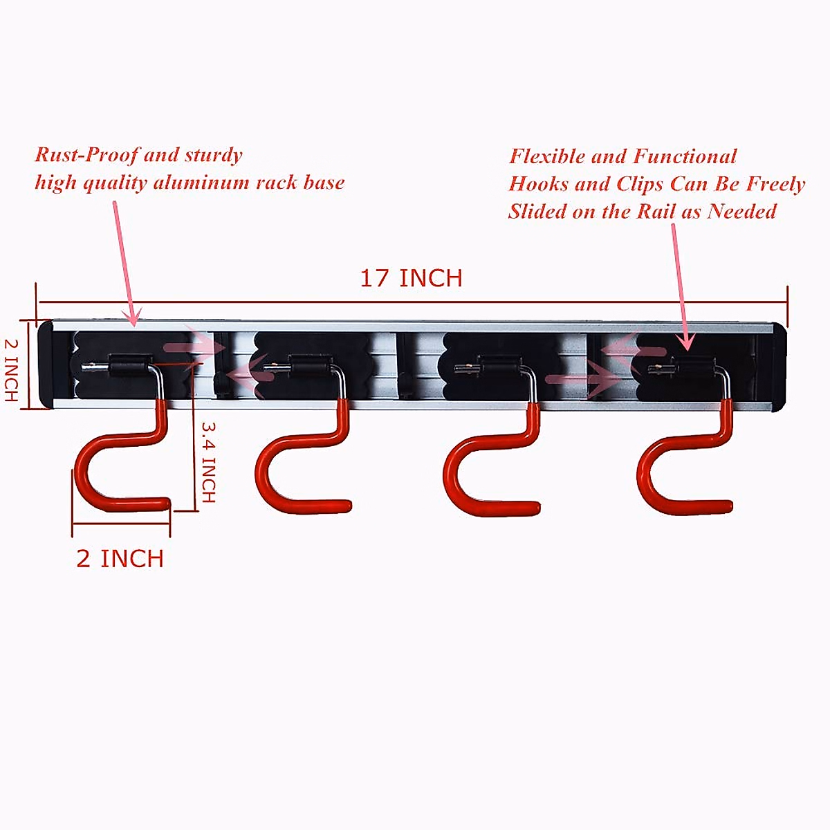 QBOSO Wall Mounted Mop and Broom Holder Stainless Steel S Type Broom Rack Anti-Slip Mop Organizer (17 Inches ,4 Positions 3 Hooks , Red black)