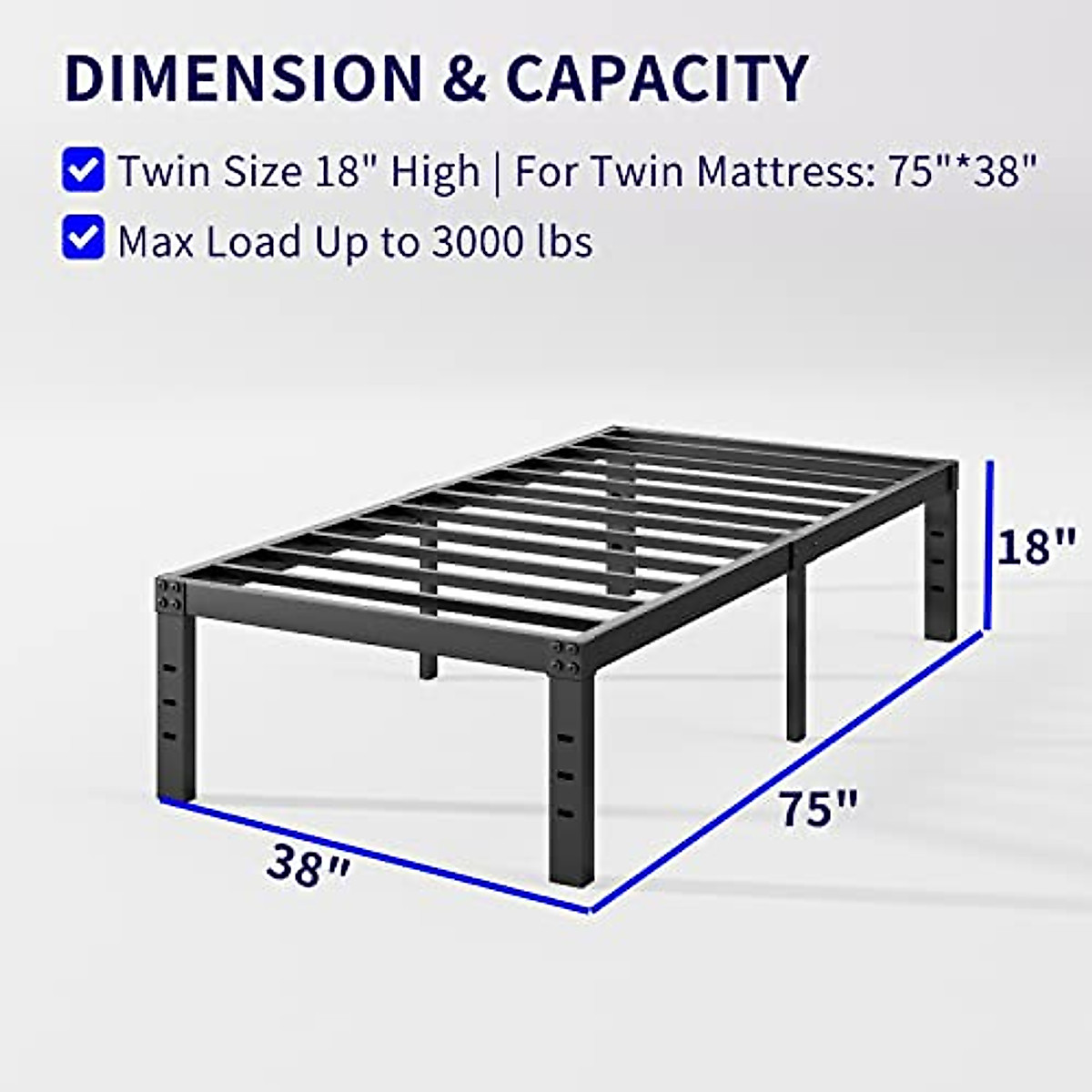 Neslime 18 Inch Heavy Duty Twin Bed Frames No Box Spring Needed, Metal Platform Bed Frame Twin for Heavy People, Easy Assembly, Noise Free, Black