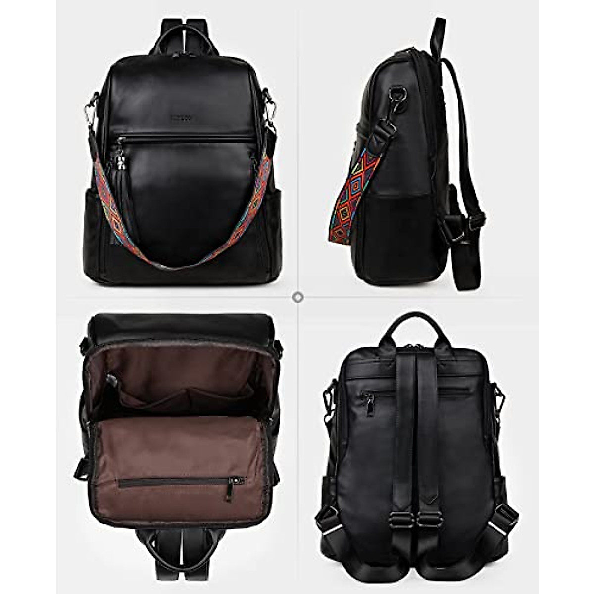 FADEON Leather Backpack Purse for Women Designer Travel Backpack Purses PU Fashion Ladies Shoulder Bag with Tassel Black