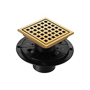 Shower Drain, Brushed Gold 4 inch Shower Floor Square Drain with Flange, Removeable Grid Panel SUS 304 Stainless Steel Square Shower Drain