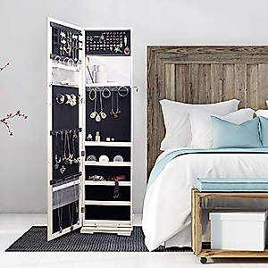 TWING 360° Rotating Jewelry Armoire with Mirror, Full Length Mirror Jewelry Cabinet Standing, Inside Mirror with Jewelry Storage, Rear Storage Shelves, Soft Velvet Interior,Girl Gift (Marble White)