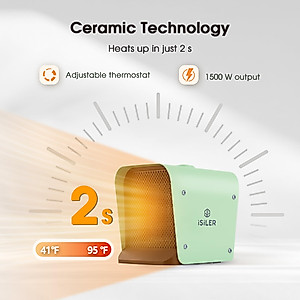 ISILER Space Heater, 1500W Portable Indoor Heater, Ceramic Space Heater Adjustable Thermostat Tip-Over Overheat Protection, Hot Cool Fan Electric Heater for Home Office Garage Green