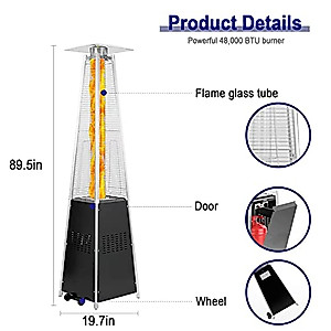 PIONOUS 48,000 BTU Glass flame tube Pyramid Patio Heater with Cover and Wheels for Deck, Commercial, Garden, Fishing - Black, 9 Set