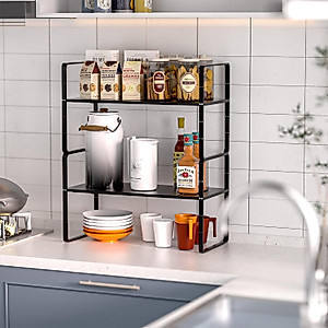 GEDLIRE Expandable Kitchen Cabinet Shelf Organizers 2 Pack, Stackable Metal Pantry Storage Shelves Rack, Adjustable Counter Shelf for Cabinets, Countertop, Cupboard Organizers and Storage, Black