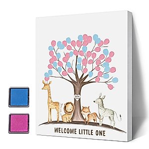 Gender Reveal Fingerprint Tree with Safari Animals, Baby Shower Guest Book Party Ideas, Gender Reveal Party Ideas, Gender Reveal Keepsake, Canvas Decoration