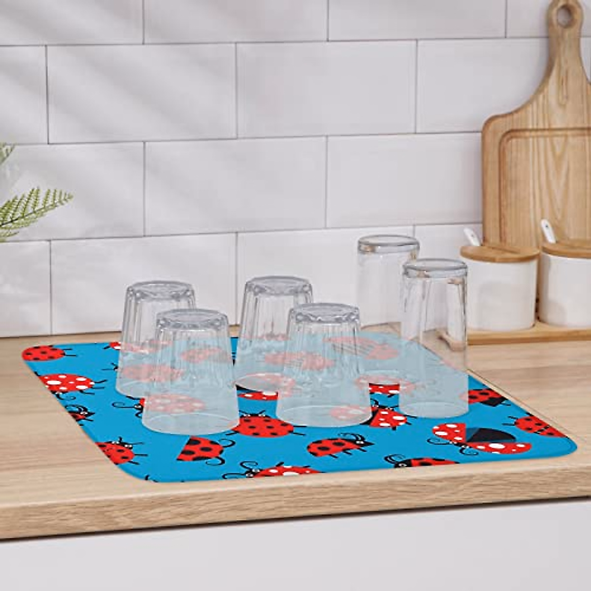 Dish Drying Mat for Kitchen Counter Absorbent Quick Drying Mat, Cute Ladybug Red Black Carapace Insect Dense Animal Blue