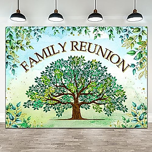 Wollmix Family Reunion Decorations Backdrop Banner Family Tree Leaves Members Welcome Signs Photography Background Gathering Gold and Green Supplies Photo Booth Banner Props 7x5ft