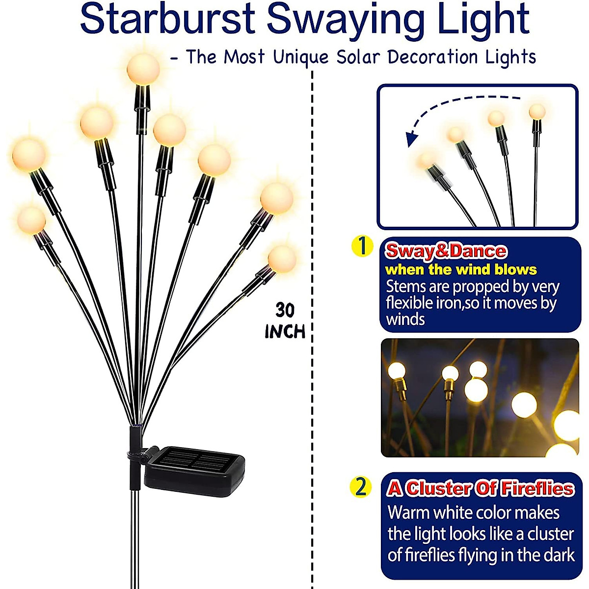 TONULAX Solar Garden Lights - New Upgraded Solar Swaying Light, Sway by Wind, Solar Outdoor Lights, Yard Patio Pathway Decoration, High Flexibility Iron Wire & Heavy Bulb Base, Warm White (4 Pack)