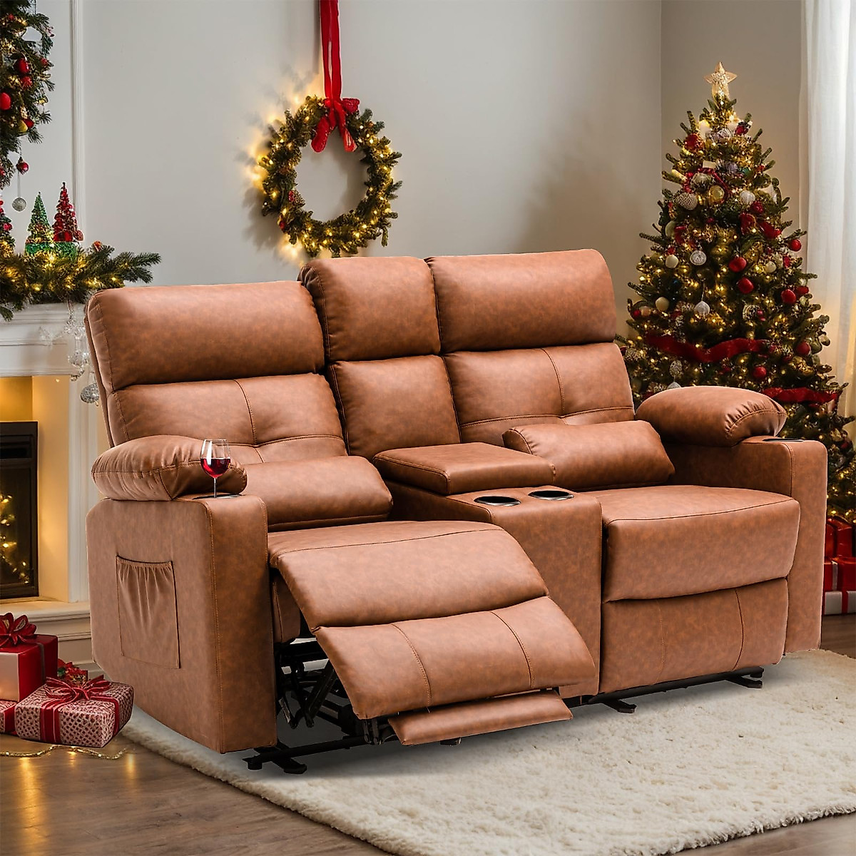 Consofa Power Reclining Loveseat, Reclining Loveseat with Console, Loveseat Recliner with Heat and Massage, Extending Footrest, Power Recliner Loveseat with Lumbar Support, Side Pocket for Living Room