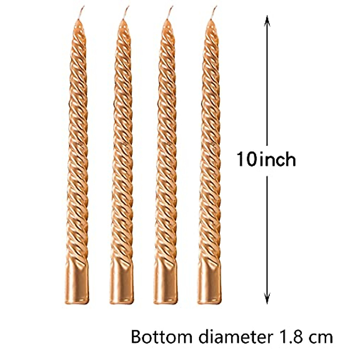 Tall Metallic Spiral Taper Candles 10 Inch/25cm, 4pcs Tall Unscented Dripless Candles with Cotton Wicks Perfect for Dinner, Party, Wedding Decor,7Hour Burn Time-3/4 Base (4 Spiral Gold)