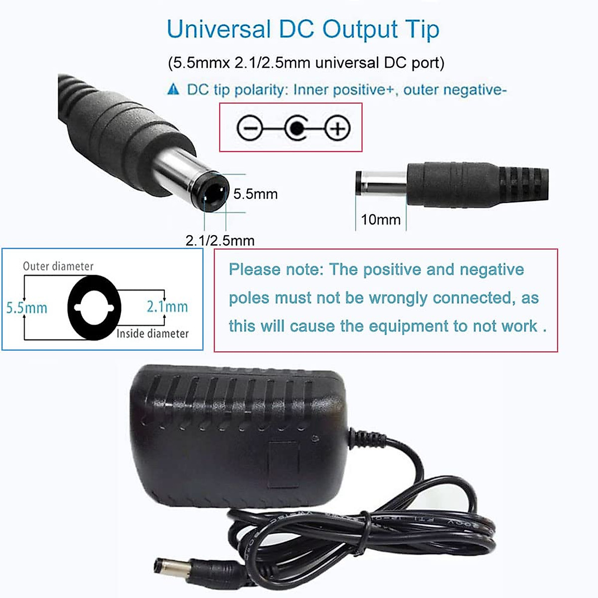 AC to DC Adapter 5V 3A Power Supply with 5, 5mm x 2, 1mm Plug Connector for Strip Light, Wireless Router, Security System , Switches, CCTV Cameras, Black, 8CM*5CM*3.3CM