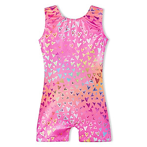 Domusgo Girls Gymnastics Leotards 1t 2t Shiny Nenon Love Heart Biketard with Shorts Cute Pro Scrawl Dancewear for Children Party Competition