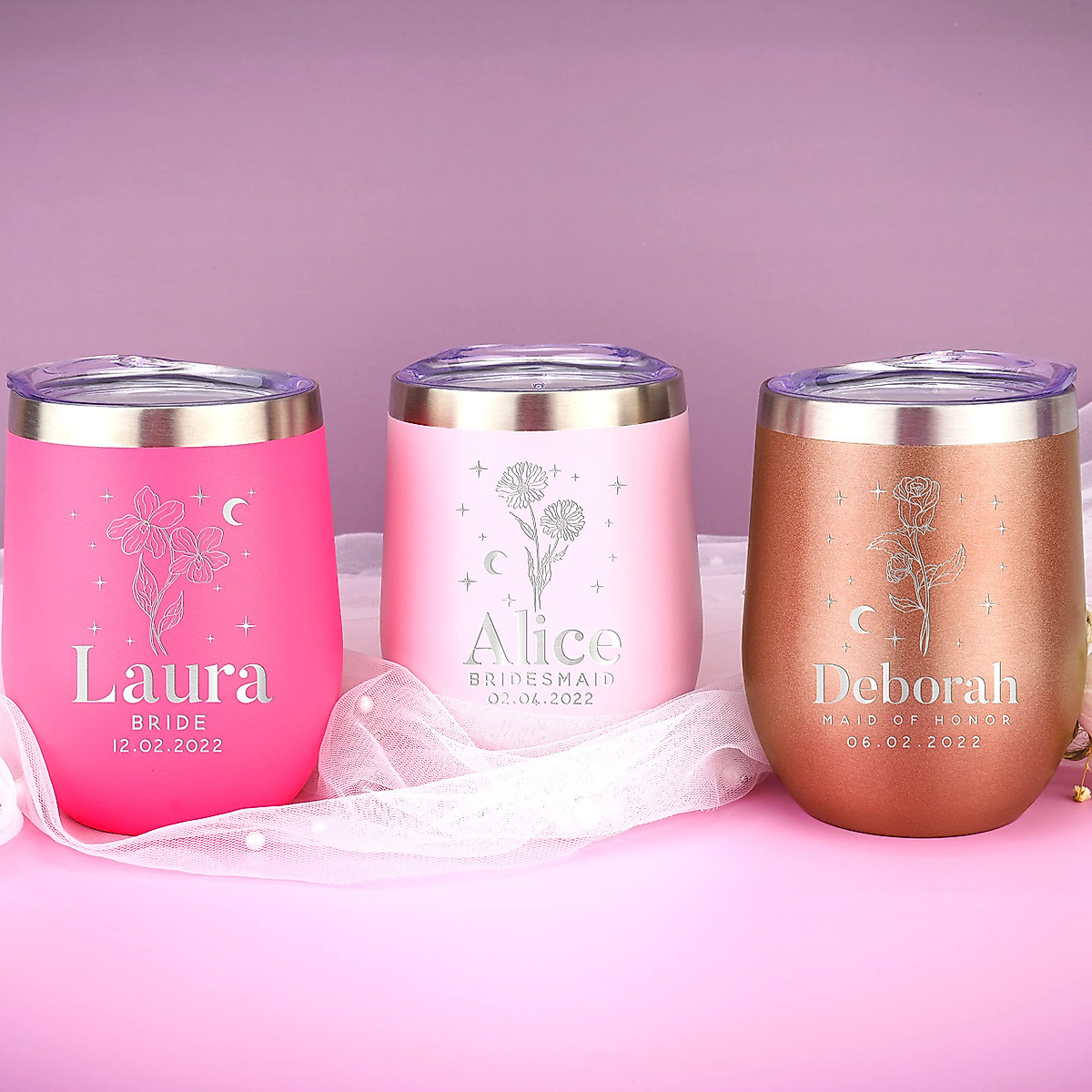 UNITED CRAFT SUPPLIES Personalized Bridesmaid Wine Tumbler W/Name & Title, Bridesmaid Gifts, 10 Colors 12 Birth Flower, Engraved Stemless Wine Tumbler W/Lid, Bridesmaid Proposal Gifts