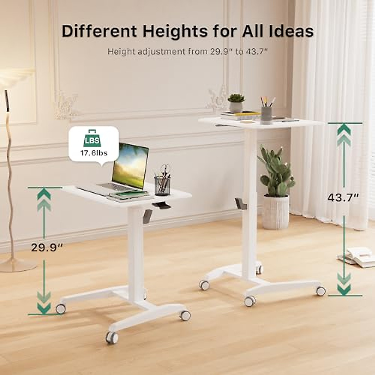 Gibbon Mounts Mobile Standing Desk, Height Adjustable Rolling Laptop Desk, 27 inches Portable Sit Stand Desk with Wheels and Hook, Pneumatic Computer Table, White