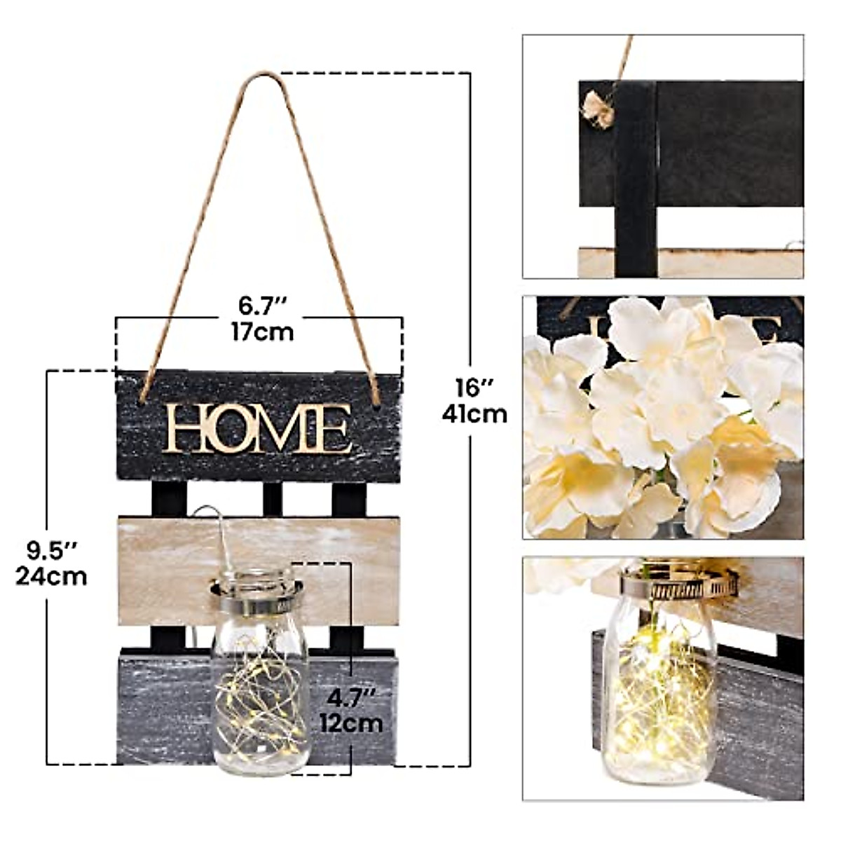 Dailyart Mason Jar Sconces Wall Decor, Rustic Mason Jar Wall Sconce Hanging Mason Jar Sconces with LED Fairy Lights, Farmhouse Wall Decor Country Decorations for Home, Set of 2