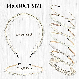 Cinaci 8 Pieces Decorative Gold Wedding Birthday Party Prom Artificial Pearl Headbands Bling Beaded Hair Tiaras Hoops Headpieces Accessories for Women Girls Teens Kids