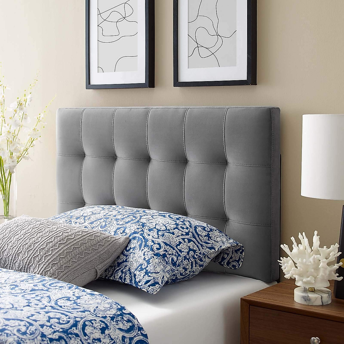 Modway Lily Biscuit Tufted Twin Performance Velvet Headboard, Gray