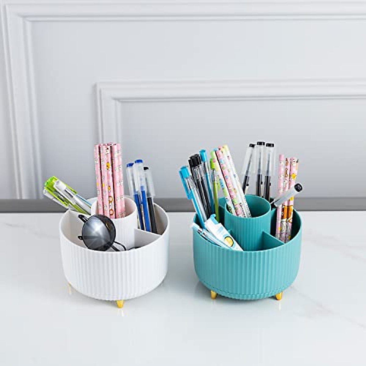 Desk Pencil Pen Holder, 5 Slots 360°Degree Rotating Pencil Pen Organizers for Desk, Desktop Storage Stationery Supplies Organizer, Cute Pencil Cup Pot for Office, School, Home, Art Supply (White)