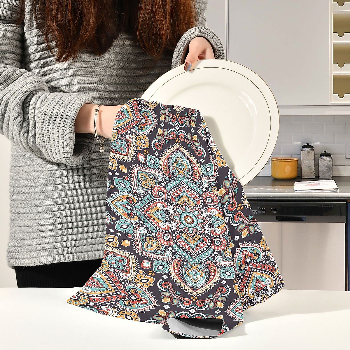 MNSRUU Kitchen Towels Dishcloths Sets 4Pcs with Hanging Loop, Indian Floral Paisley Absorbent Kitchen Décor Cleaning Hand Towel Tea Towels for Farmhouse Kitchen Dishes Tea Home