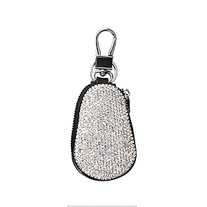 ihreesy Glitter Car Key Cover,Multifunctional Leather Key Case Glitter Rhinestone Key Bling Key Case with Zipper and Carabiner,White