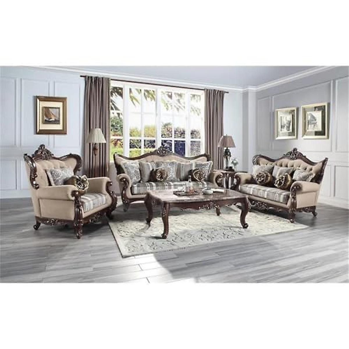 Acme Furniture Upholstery Loveseat with Arched Backrest, Light Brown and Cherry