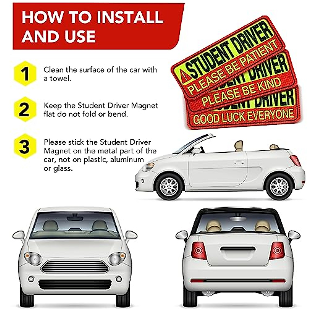 DIYMAG 6Pcs Student Driver Sticker Magnet for Car, Please Be Patient New Drivers Glow in Dark Accessories Magnetic Novice New Drivers Sticker Safety Warning Magnetic Vehicle Signs Reusable