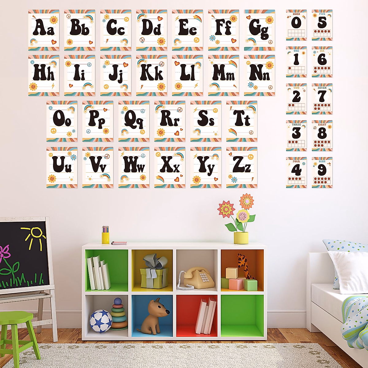36Pcs Retro Classroom Alphabet Number Bulletin Board Set, Groovy ABC Alphabet Card and 0-9 Number Posters Decor with Glue Point for Preschool Kindergarten Classroom and Teachers Wall Decorations