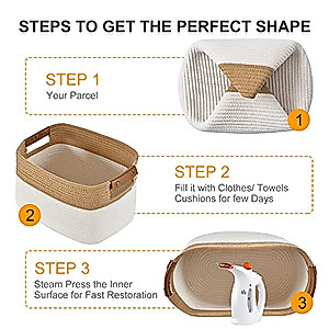 Cotton Rope Basket, Decorative Woven Basket With Leather Handles, Rectangle Storage Basket For Clothes, Toys, Makeup, Books, Towels, Sundries 15.3×10×9.4 inches(3-Pack, Brown&White)