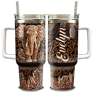 WAZONE Personalized Elephant 40oz Tumbler with Handle and Straw Custom Name Animal Wooden Drawings Stainless Steel Travel Coffee Cup With Lid Gifts for Elephants Lover Men Women Teen