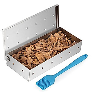 Cosumina Stainless Steel BBQ Smoker Box for Grilling Barbecue Wood Chips On Gas Grill or Charcoal Grill Grilling Accessories with Basting Brush