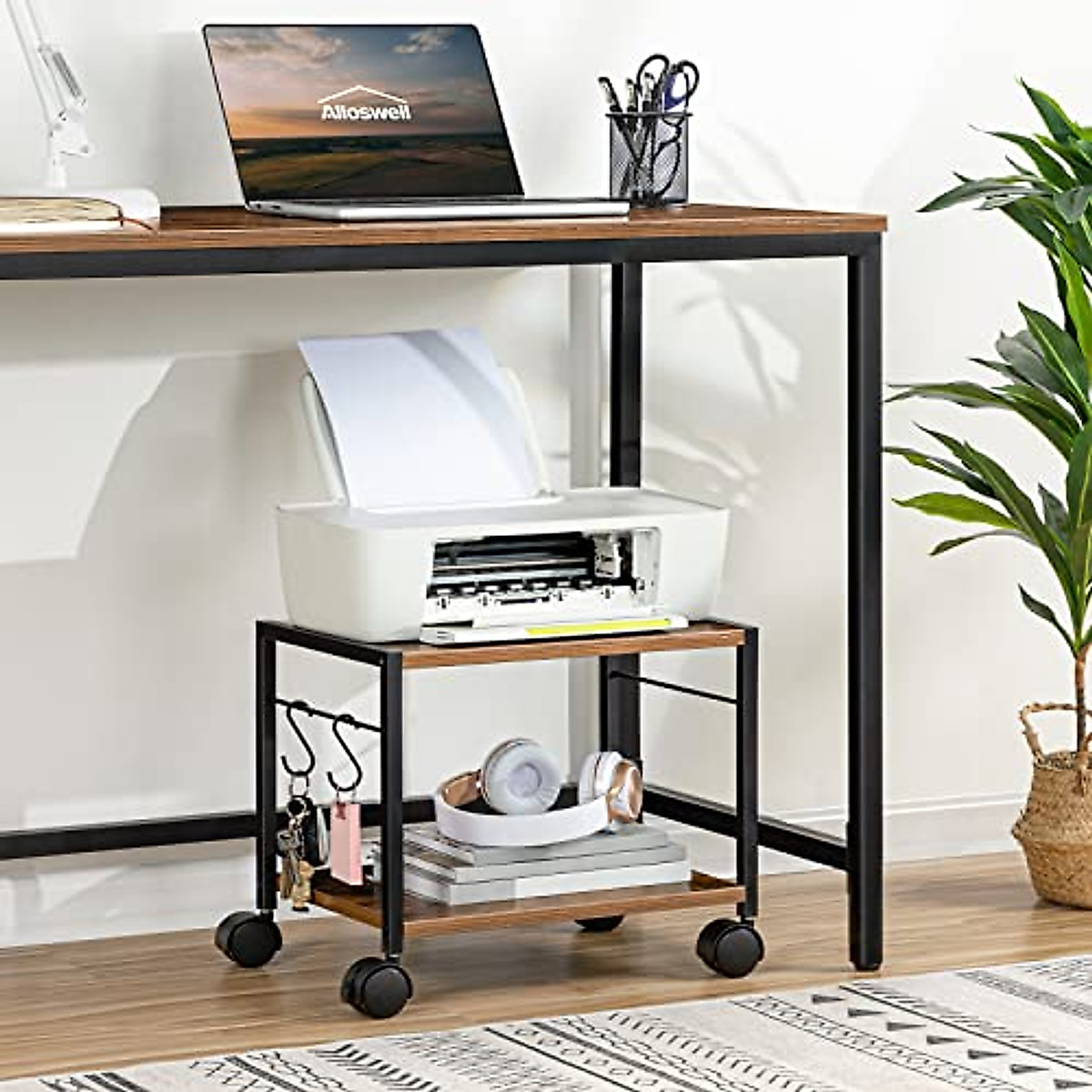 ALLOSWELL Mobile Printer Stand, 2-Tier Printer Cart with Storage, Under Desk Storage Rolling Cart on Wheels and 2 Hooks, Industrial Printer Table, for Home, Office, Scanner, Rustic Brown PTHR2001