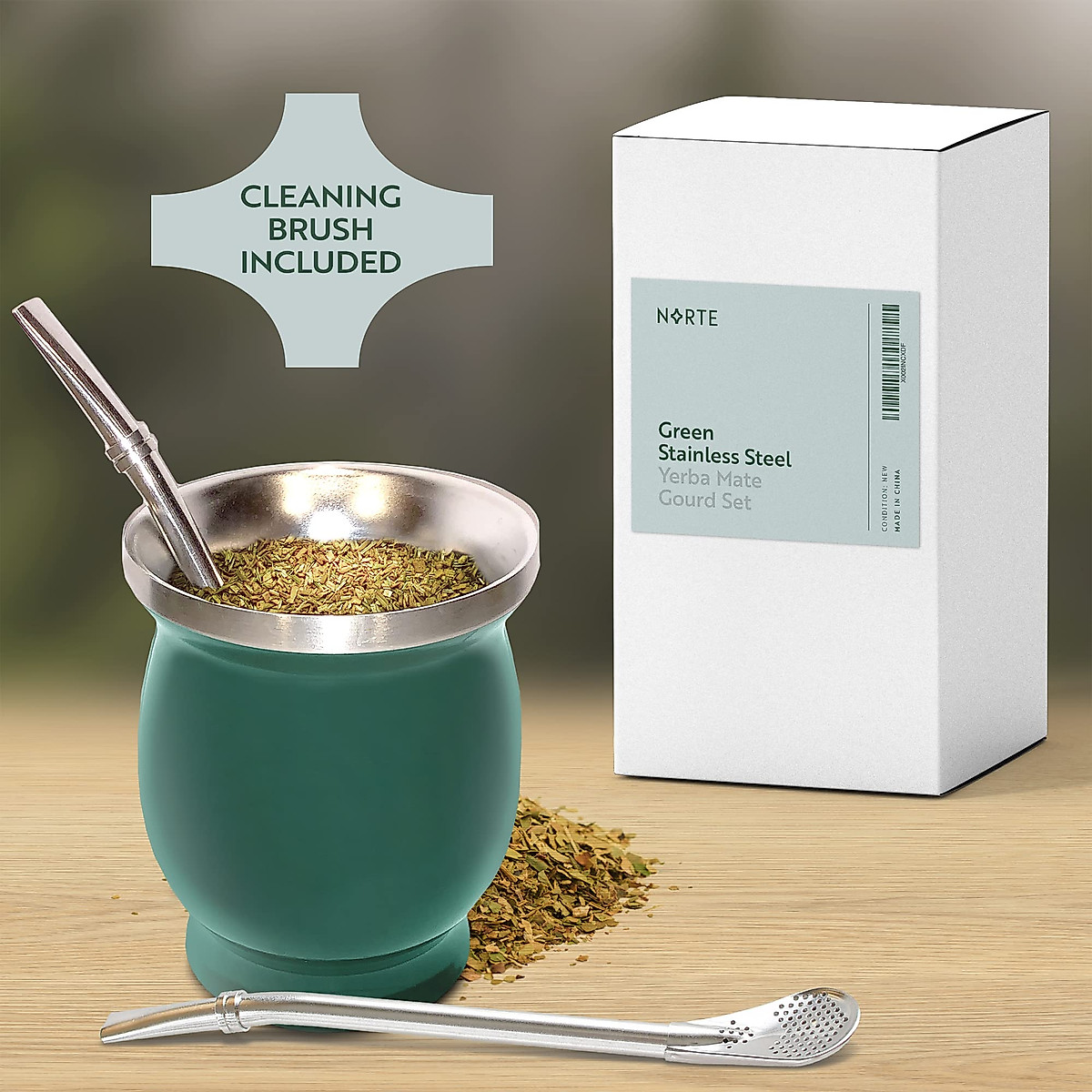 Norte Yerba Mate Natural Gourd/Tea Cup Set Green (Original Traditional Mate Cup - 8 oz) | Includes Bombilla (Yerba Mate Straw) & Cleaning Brush | Green Stainless Steel | Double-Walled | Easy to Clean