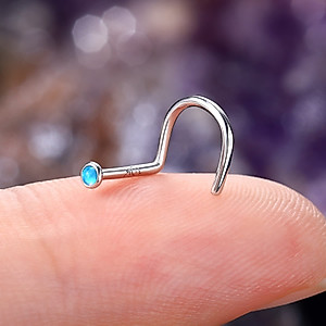 COCHARM 10k White Gold Nose Stud 20g Blue Opal Screw Nose Stud for Women Men White Gold Cute Twist Nose Stud