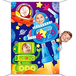 DPKOW Kids Robot Party Prop - Funny Robot Face Photo Banner for Boys' Space-Themed Birthday Party Decorations