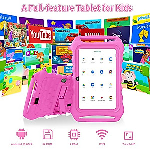 7inch Tablet for Kids Android 11 Tablets 3GB 32GB Parental Control Children Learning Toddler Tablet Shockproof Kickstand Case, GMS Certified, Google Tableta YouTube Netflix (Pink)