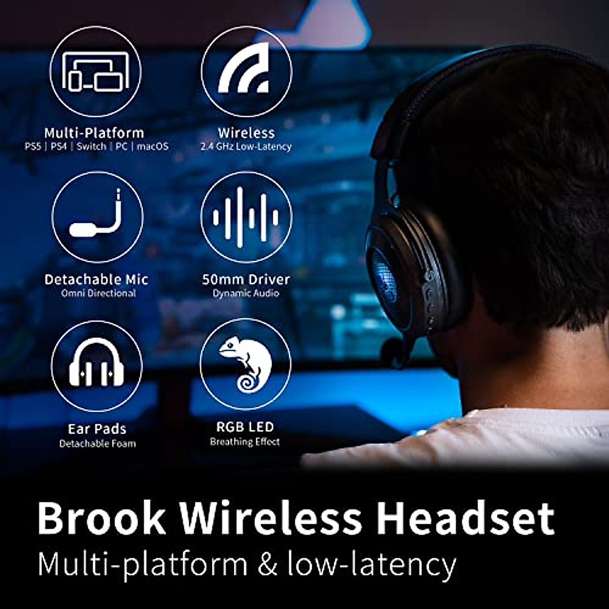 Brook 2.4GHz Wireless Headset - Cross-Platform Wireless Gaming Headset for PS5, PS4, PC, Mac, Android, and Switch, Low Latency (with Extra Earpads)